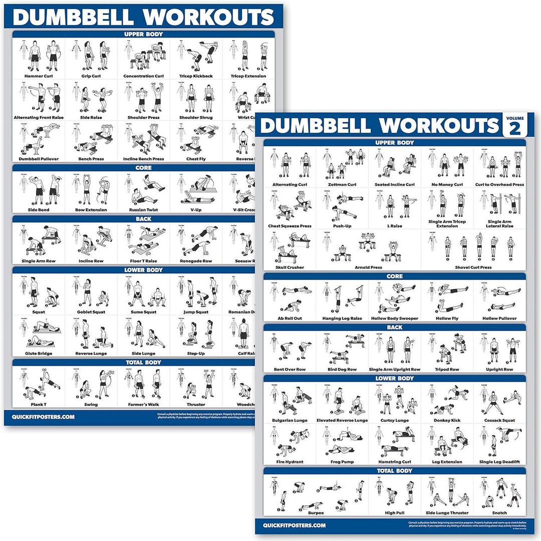 2 Pack Dumbbell Workout Exercise Poster - Volume 1 & 2 - LAMINATED (18 ...