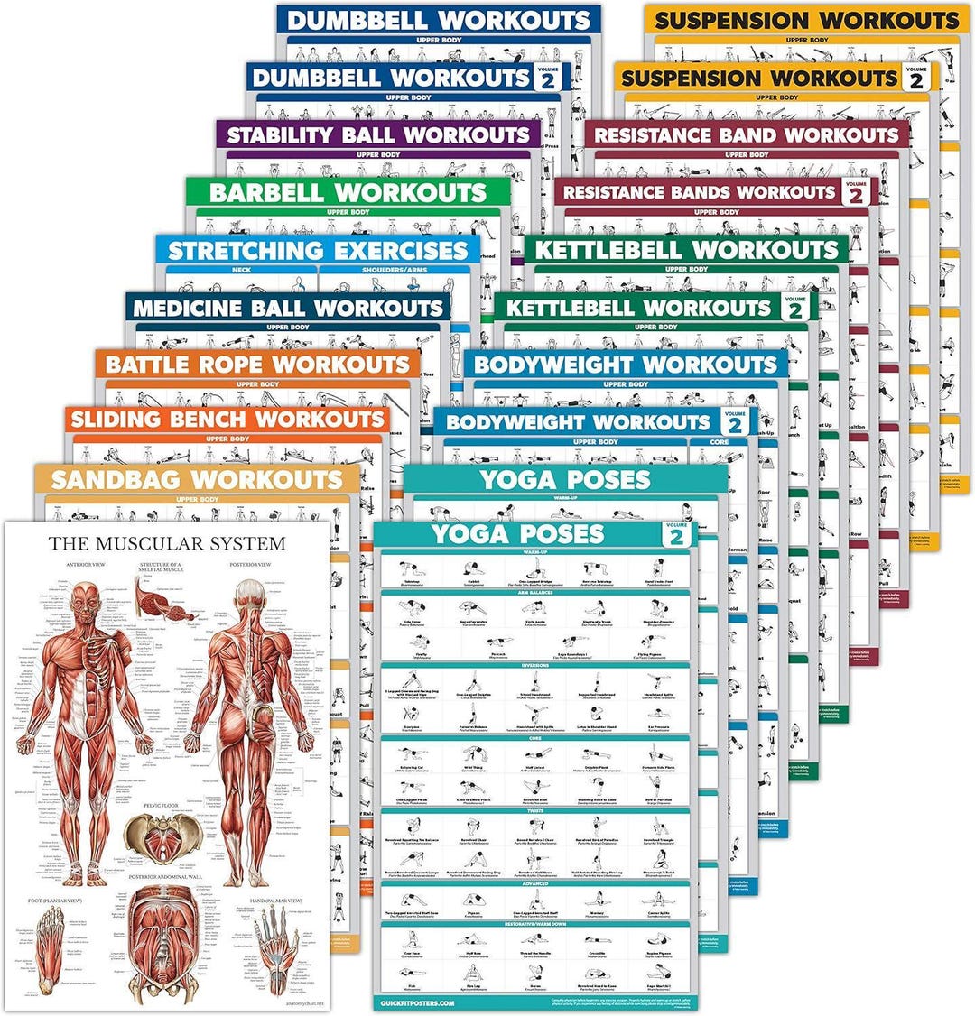20 Pack - Exercise Posters: Dumbbell, Suspension, Battle Rope ...