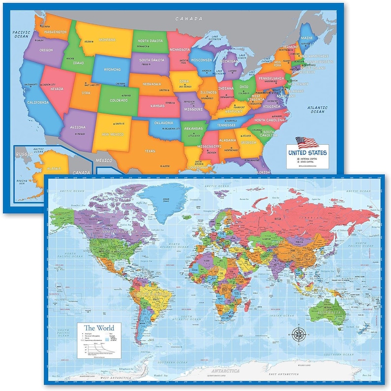 2 Pack - USA Map for Kids + Blue Ocean World Map (LAMINATED, 18" X 29 ...