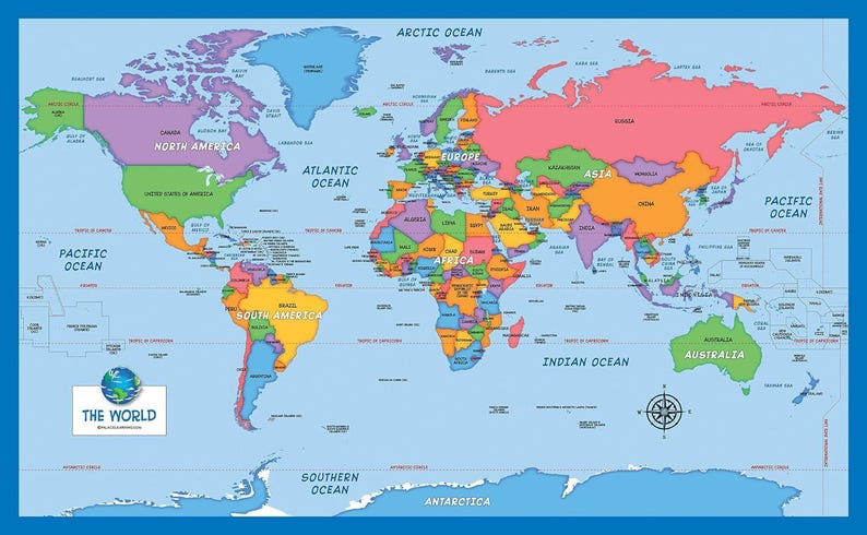 2 Pack - World Map for Kids + Blue Ocean World Map (LAMINATED, 18" X 29 ...