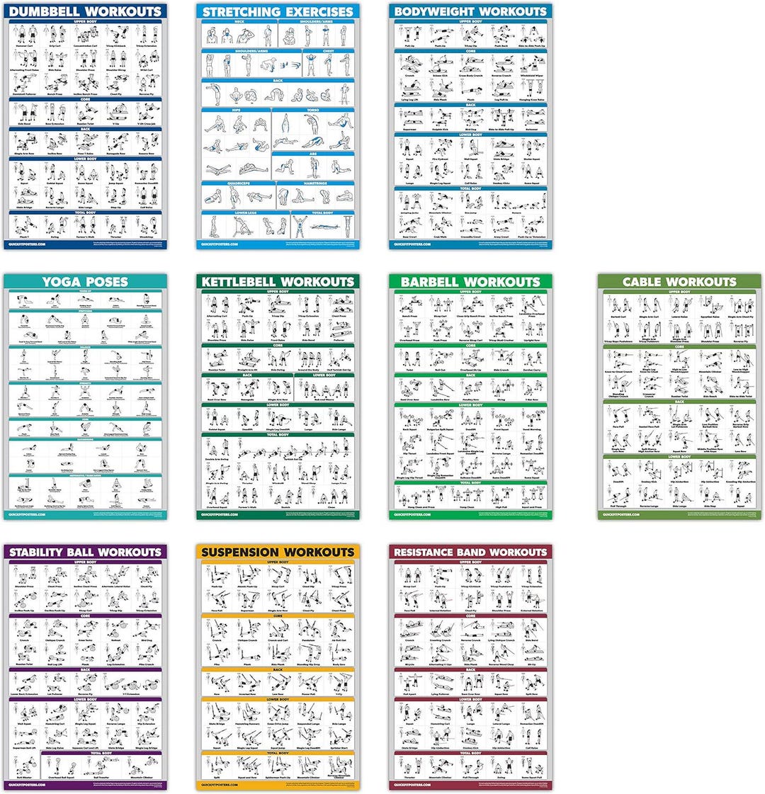 10 Pack - Exercise Workout Posters: Cable Machine, Dumbbell, Suspension ...