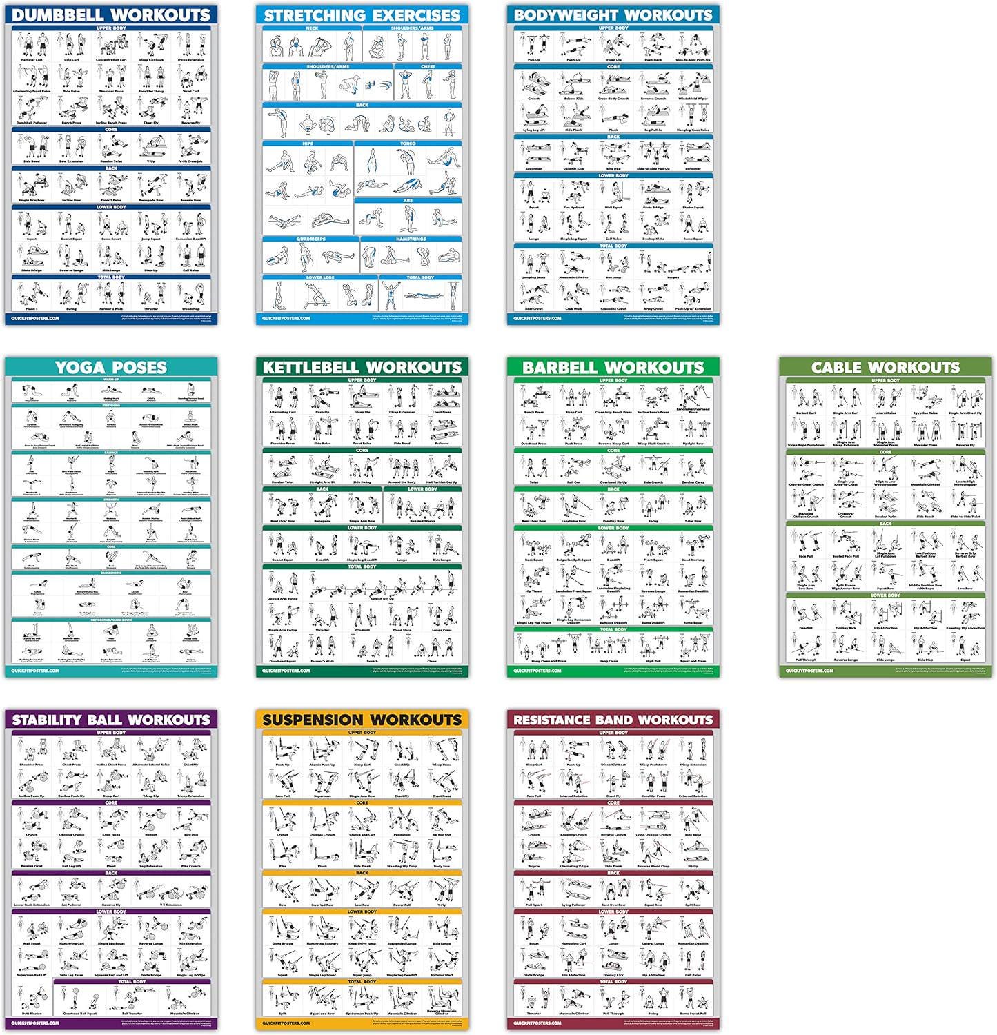 10 Pack - Exercise Workout Posters: Cable Machine, Dumbbell, Suspension ...
