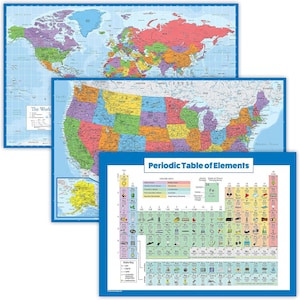 3 Pack - World & USA Map Poster Set + Periodic Table of the Elements ...
