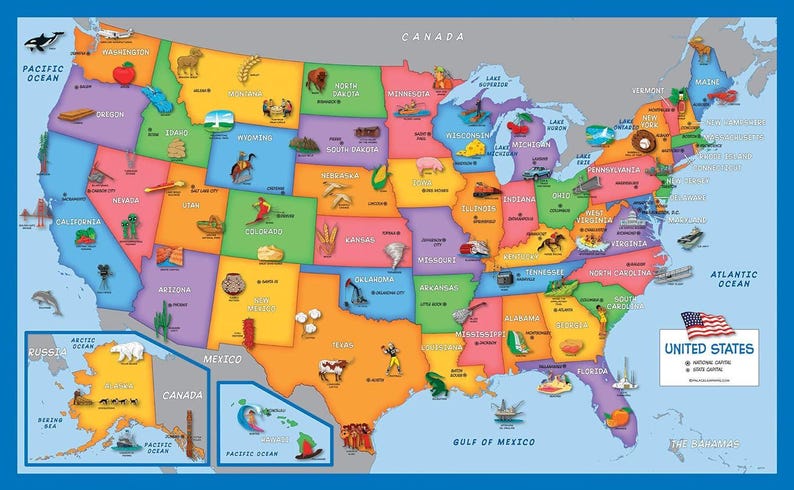 2 Pack - USA Map for Kids [illustrated] + Cursive ABC Alphabet Poster ...