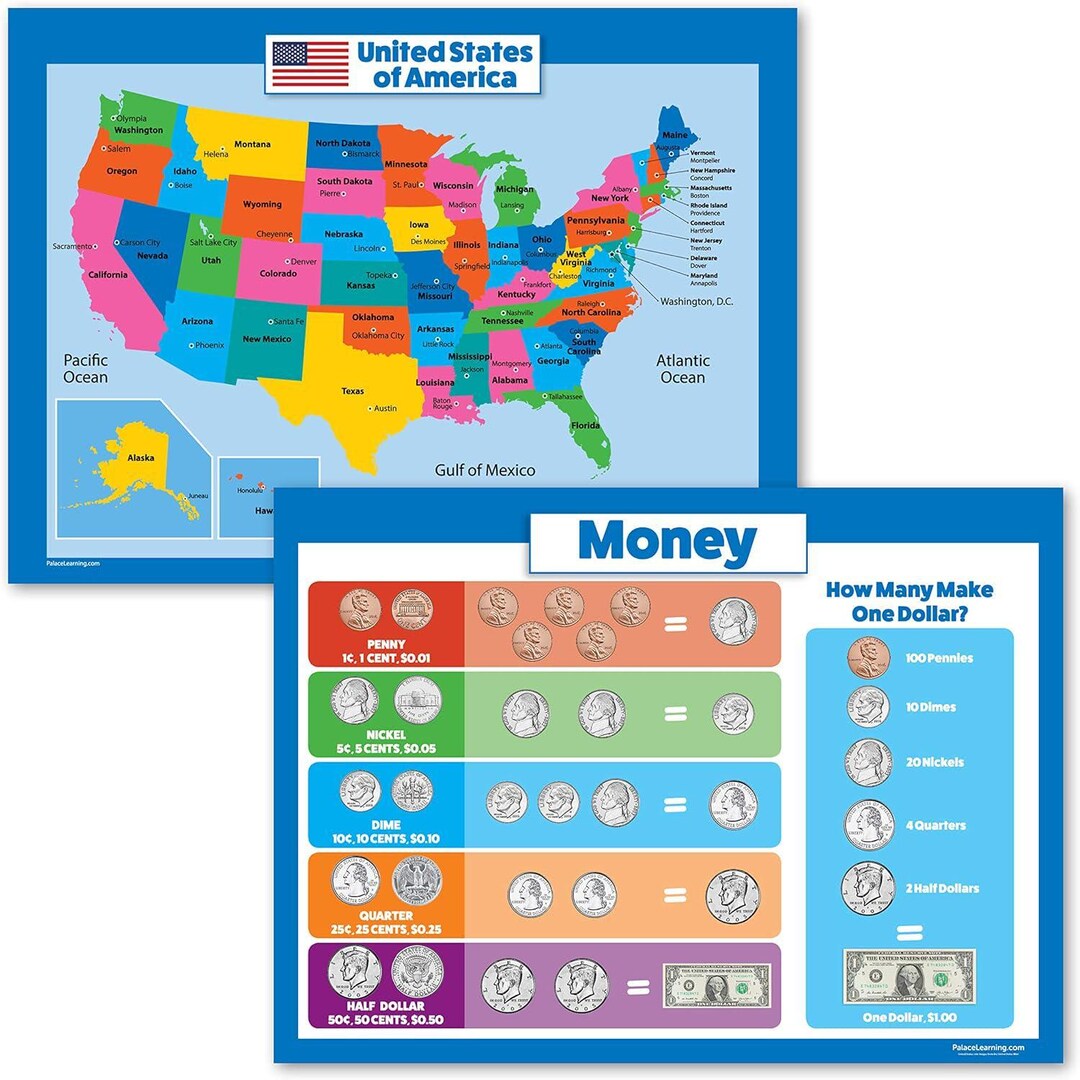 2 Pack - USA Map for Kids & Money Poster Set - United States Wall Chart ...