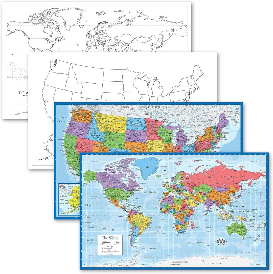 4 Pack - USA and World Map Blank Outline Posters + World & USA Maps ...