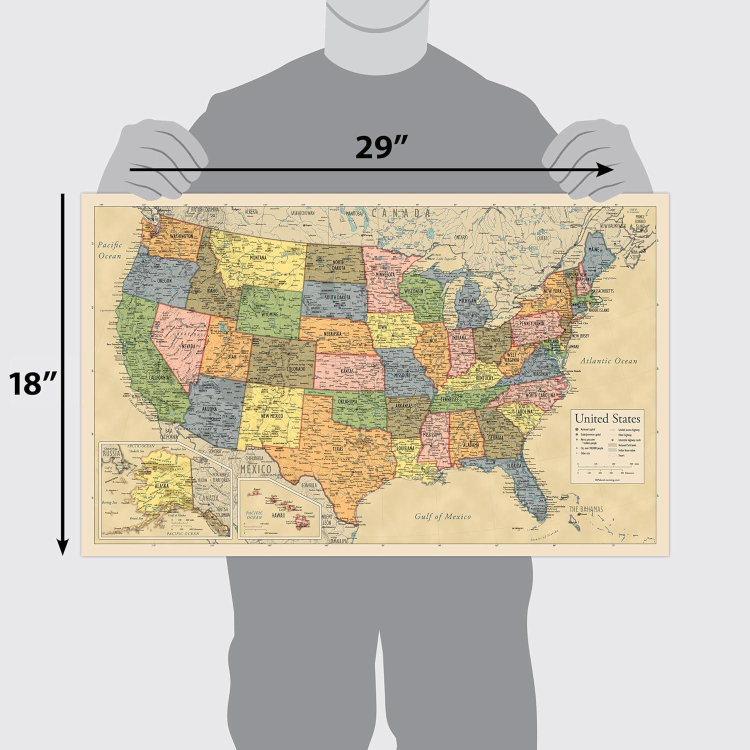 2 Pack - Laminated World Map and US Map Poster Set - Wall Chart Map of ...