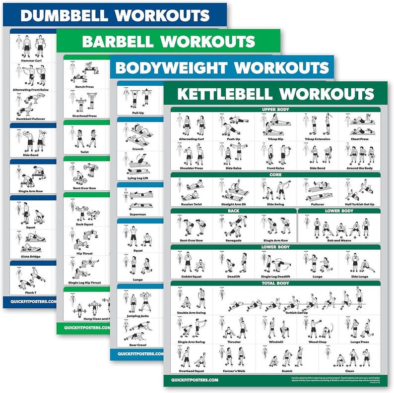 Palace Learning 4-pack Workout Charts - Dumbbell, Barbell, Bodyweight ...