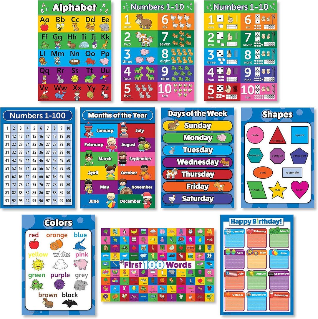 10 Laminated Toddler Educational Posters - ABC, Numbers 1-10 & 1-100 ...