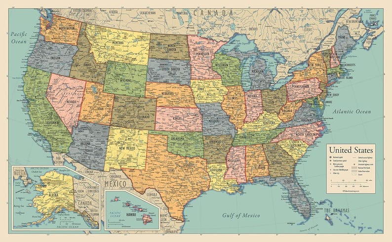 2 Pack - World Map Poster & USA Map Chart [tan/color] (LAMINATED, 18" X ...