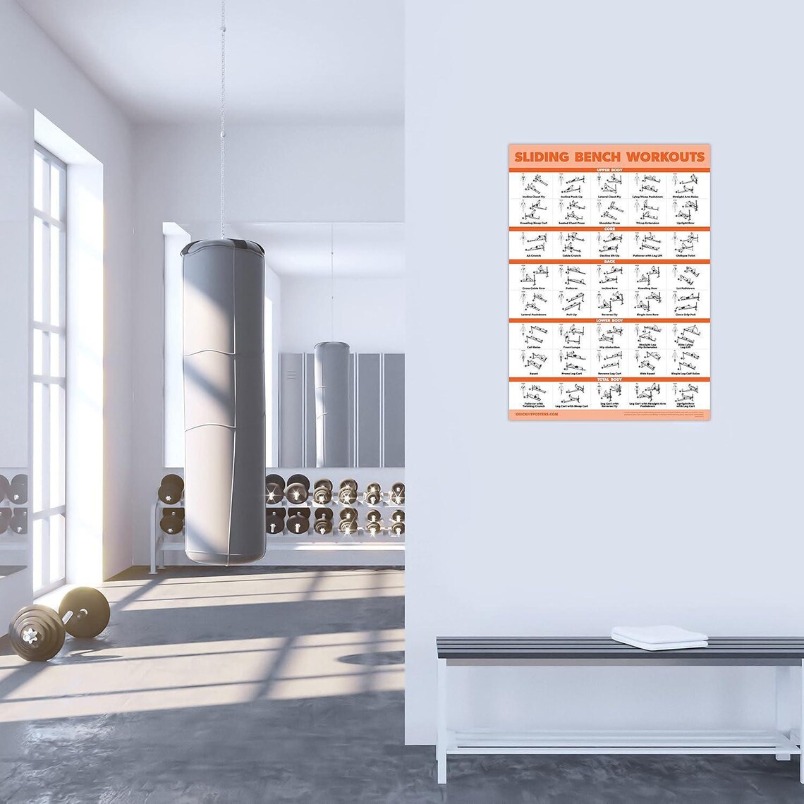 Sliding Bench Workout Poster - Incline Bench Exercise Chart for Total ...