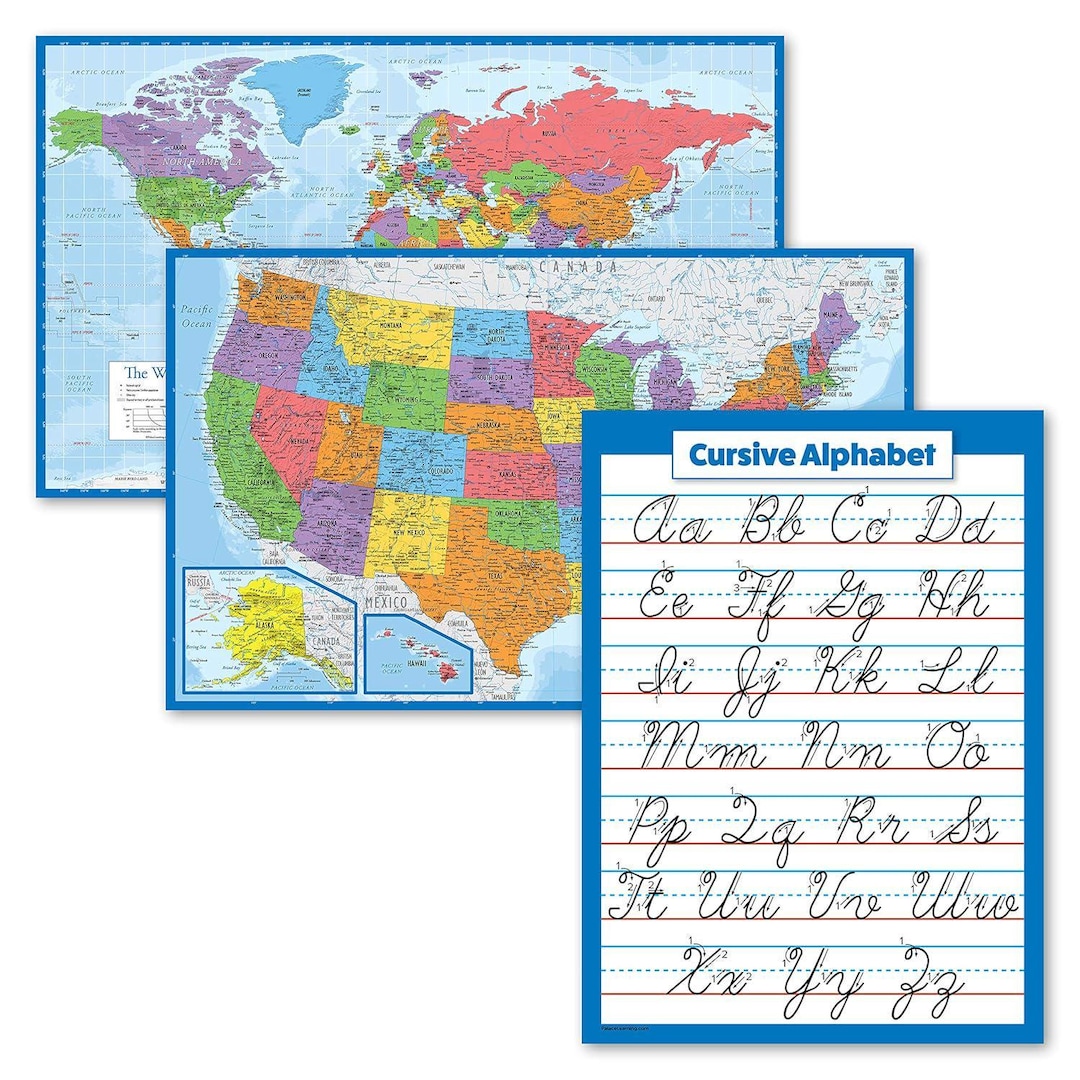 3 Pack - World & USA Map Poster Set [blue Ocean] + Cursive Handwriting ...