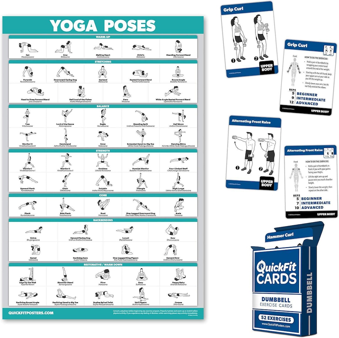 2 Pack: Yoga Poses Laminated Poster + Dumbbell Exercise Playing Cards ...