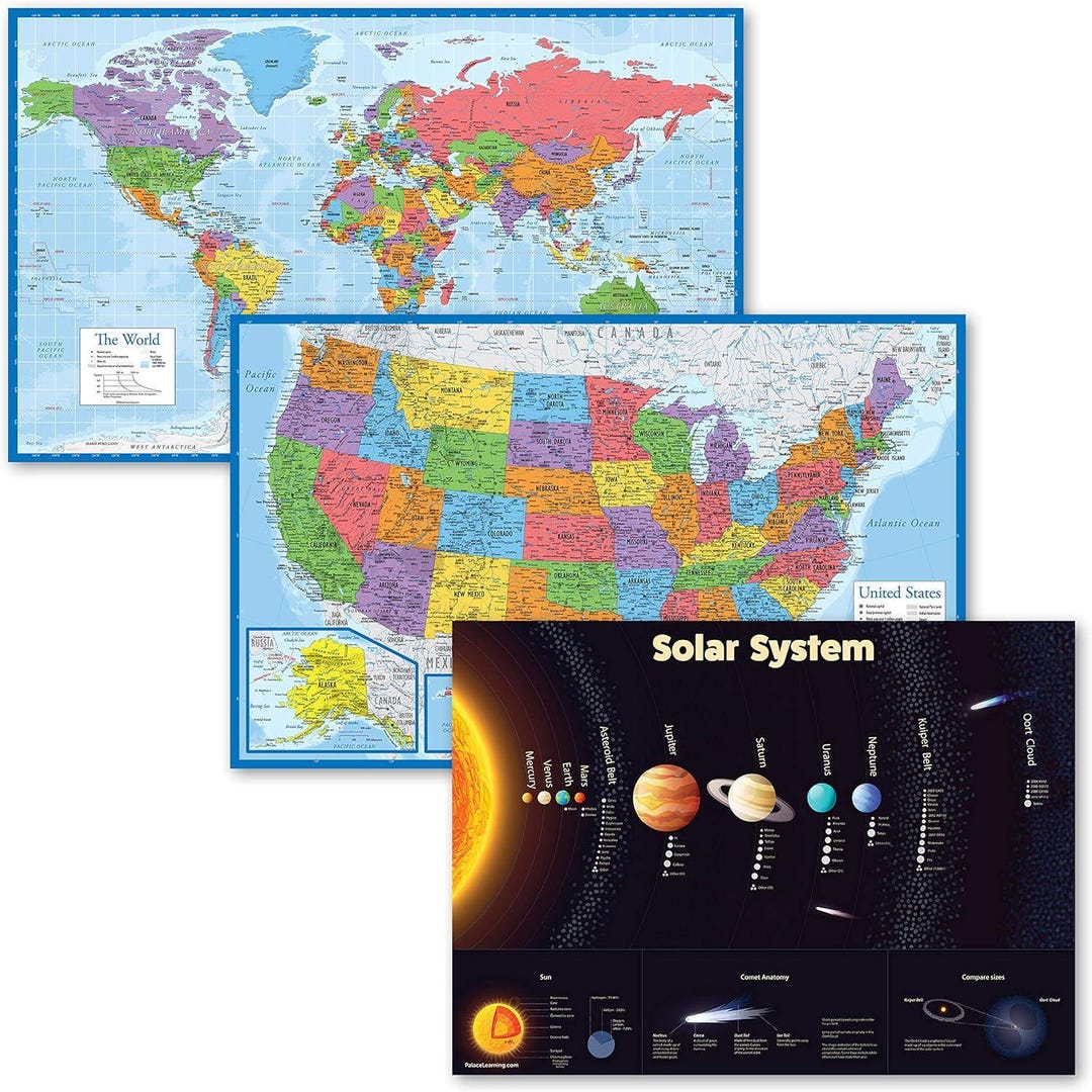 3 Pack - World & USA Maps + Solar System Poster Set [BLUE] (LAMINATED ...