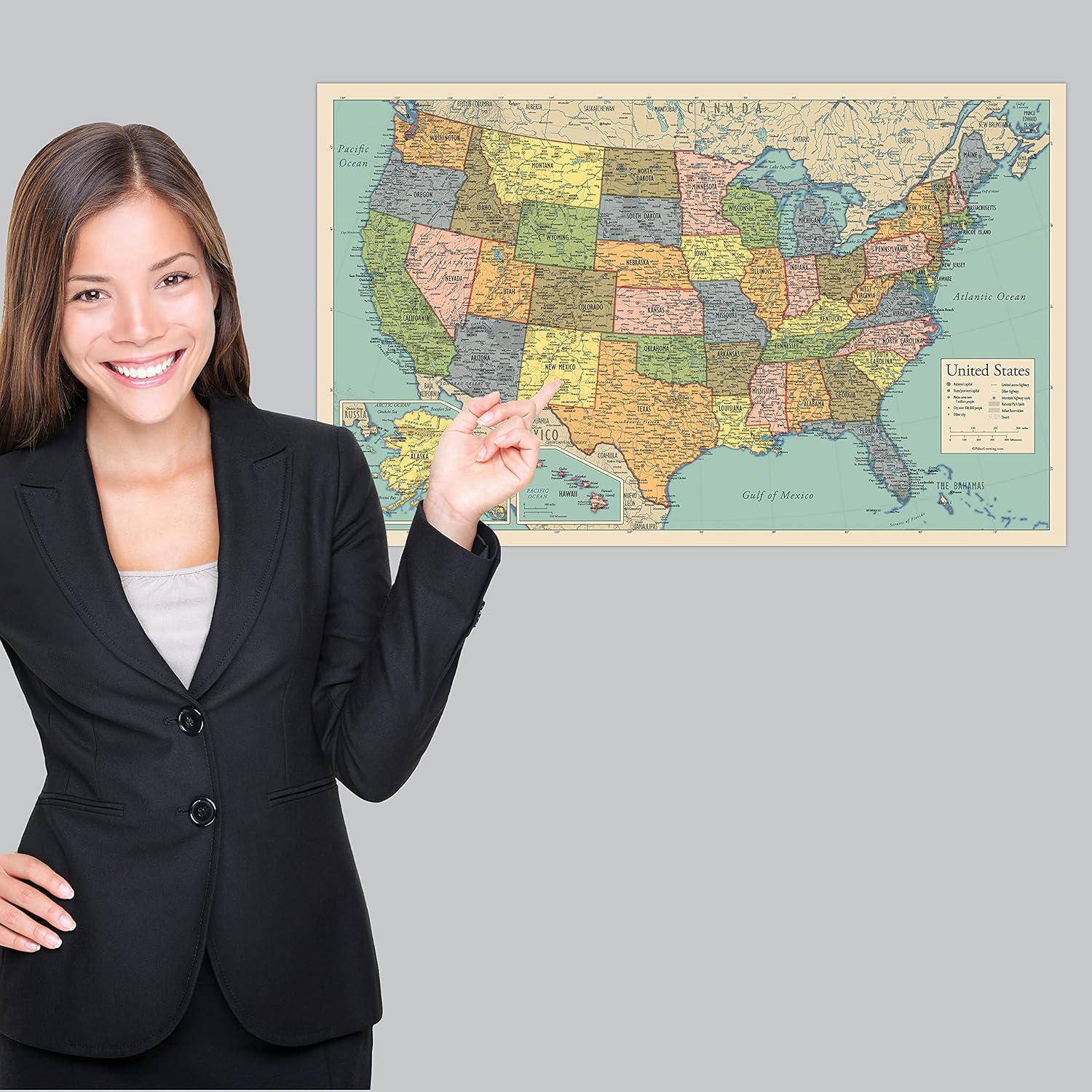 2 Pack - World Map Poster & USA Map Chart [tan/color] (LAMINATED, 18" X ...