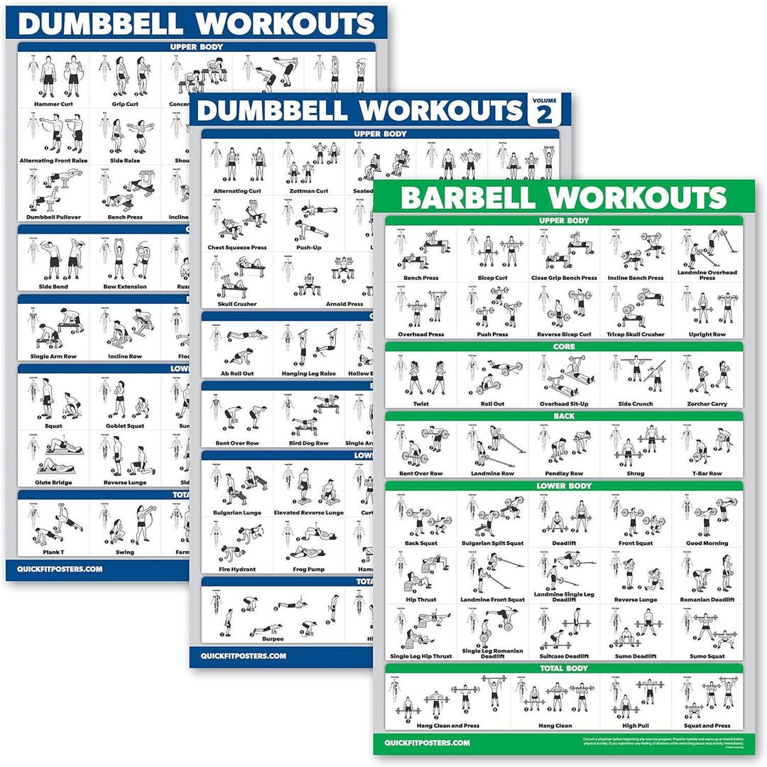 3 Pack: Dumbbell Workouts Posters Volume 1 & 2 + Barbell Exercises ...
