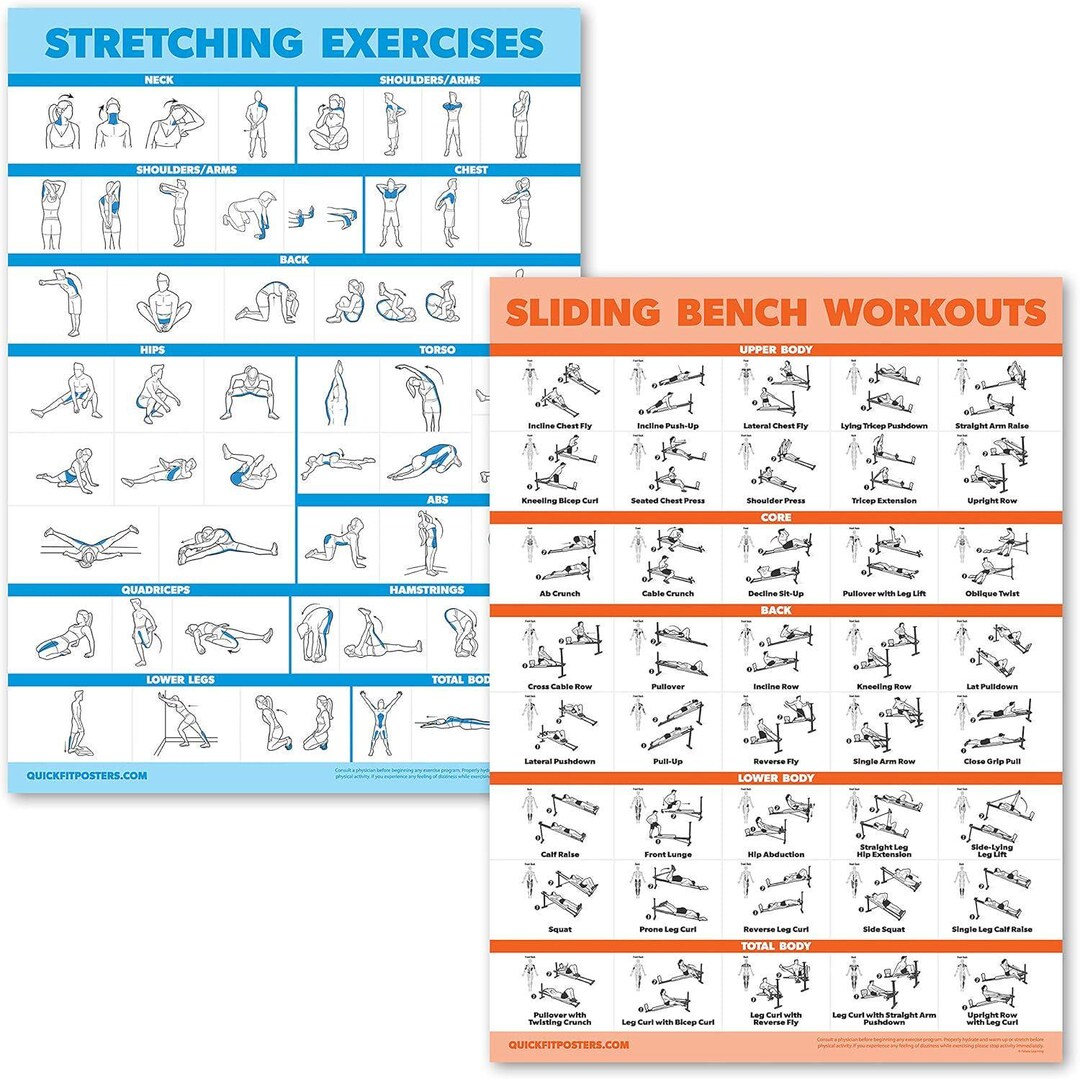2-pack Stretching and Sliding Bench Workout Posters - Compatible With ...