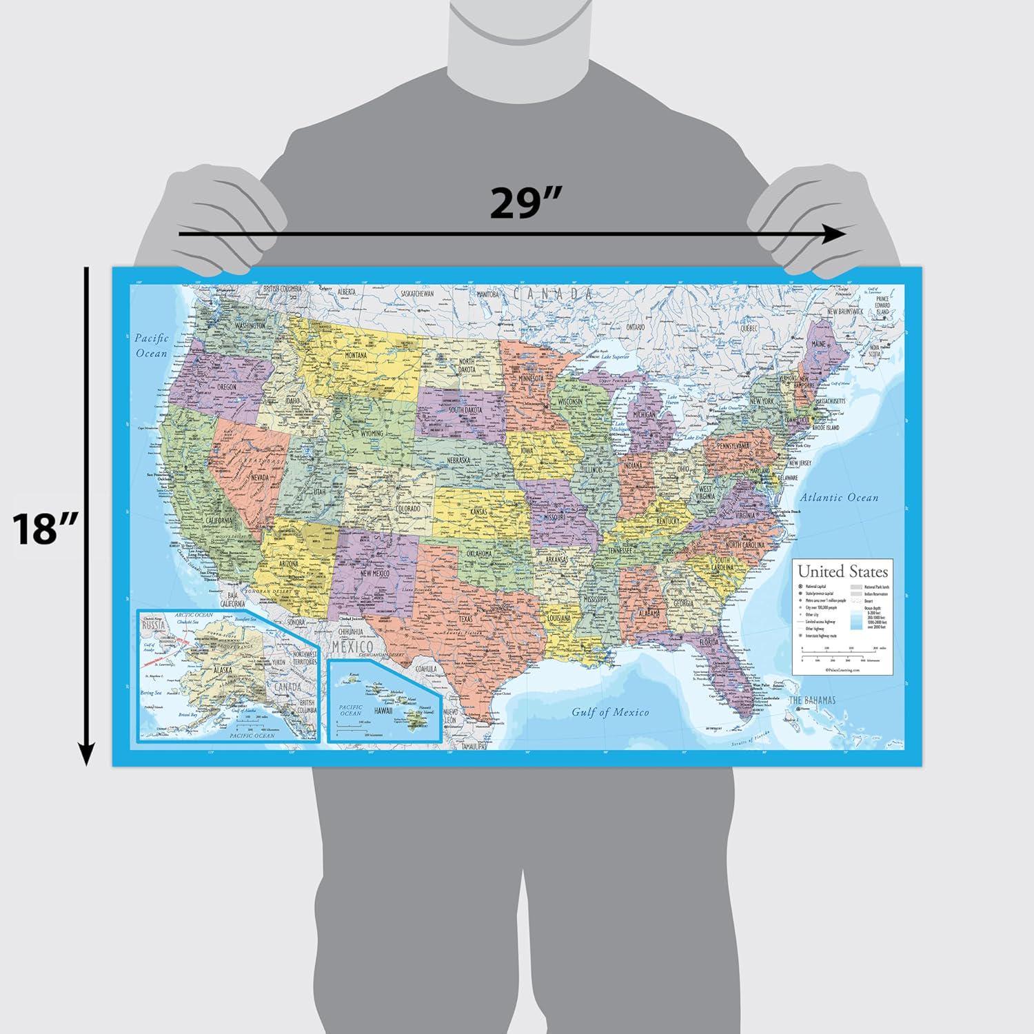 2 Pack - Laminated World Map and US Map Poster Set - Wall Chart Map of ...