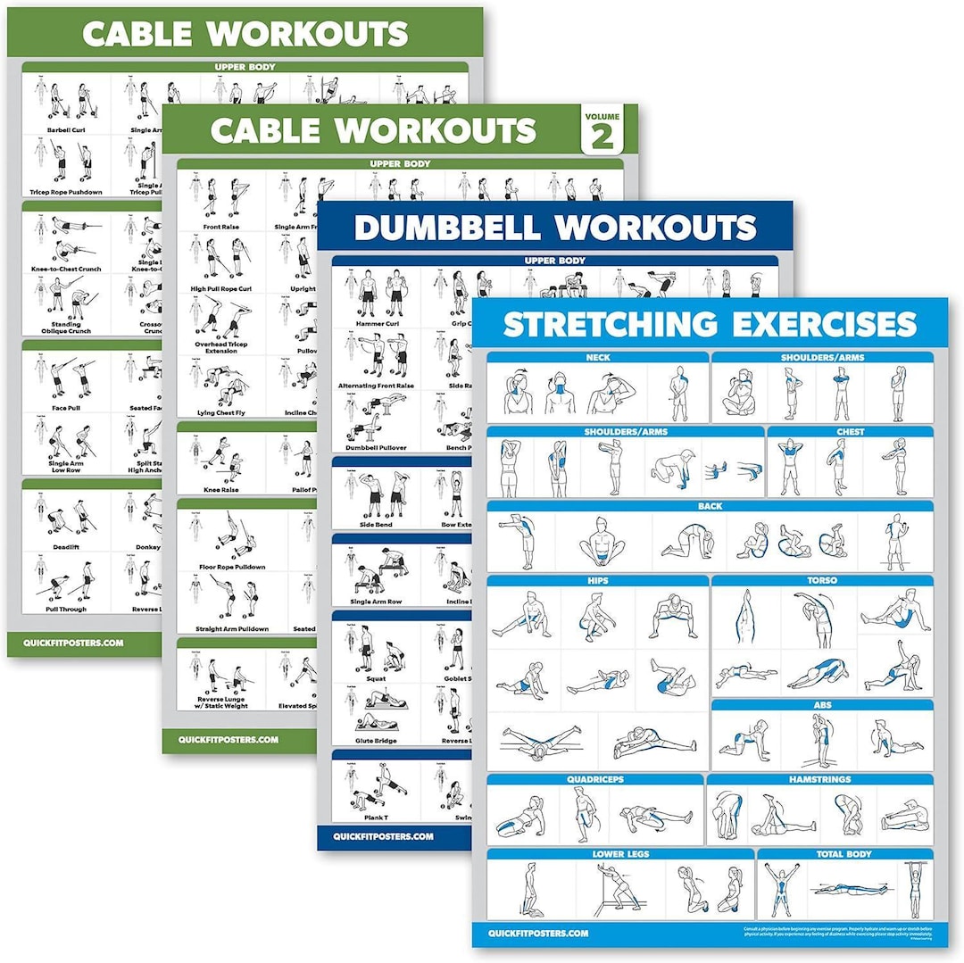4 Pack - Cable Machine Workout Posters Volume 1 & 2 + Dumbbell ...