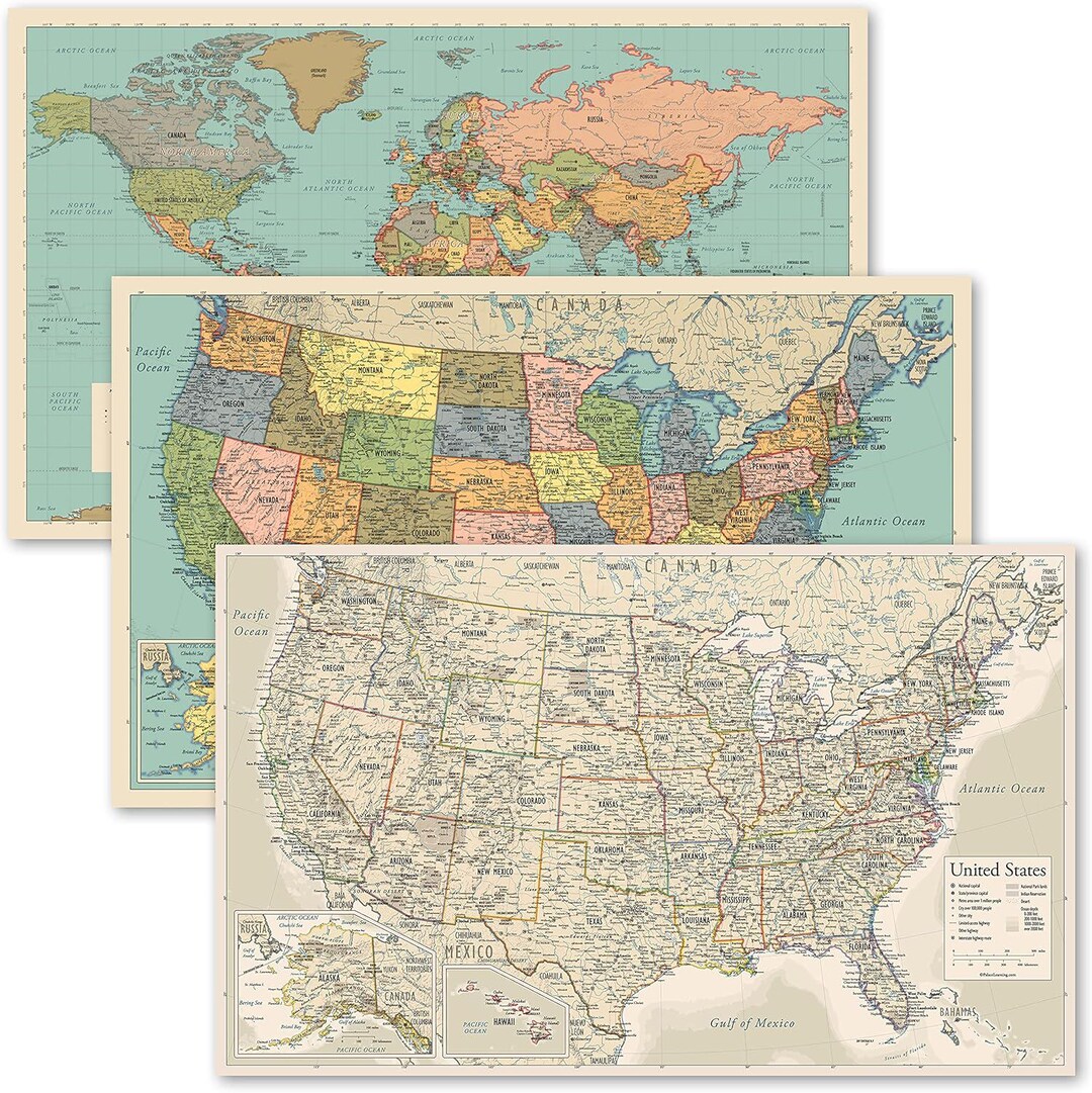3 Pack World & USA Map Chart tan/color Antique Style USA Map LAMINATED ...