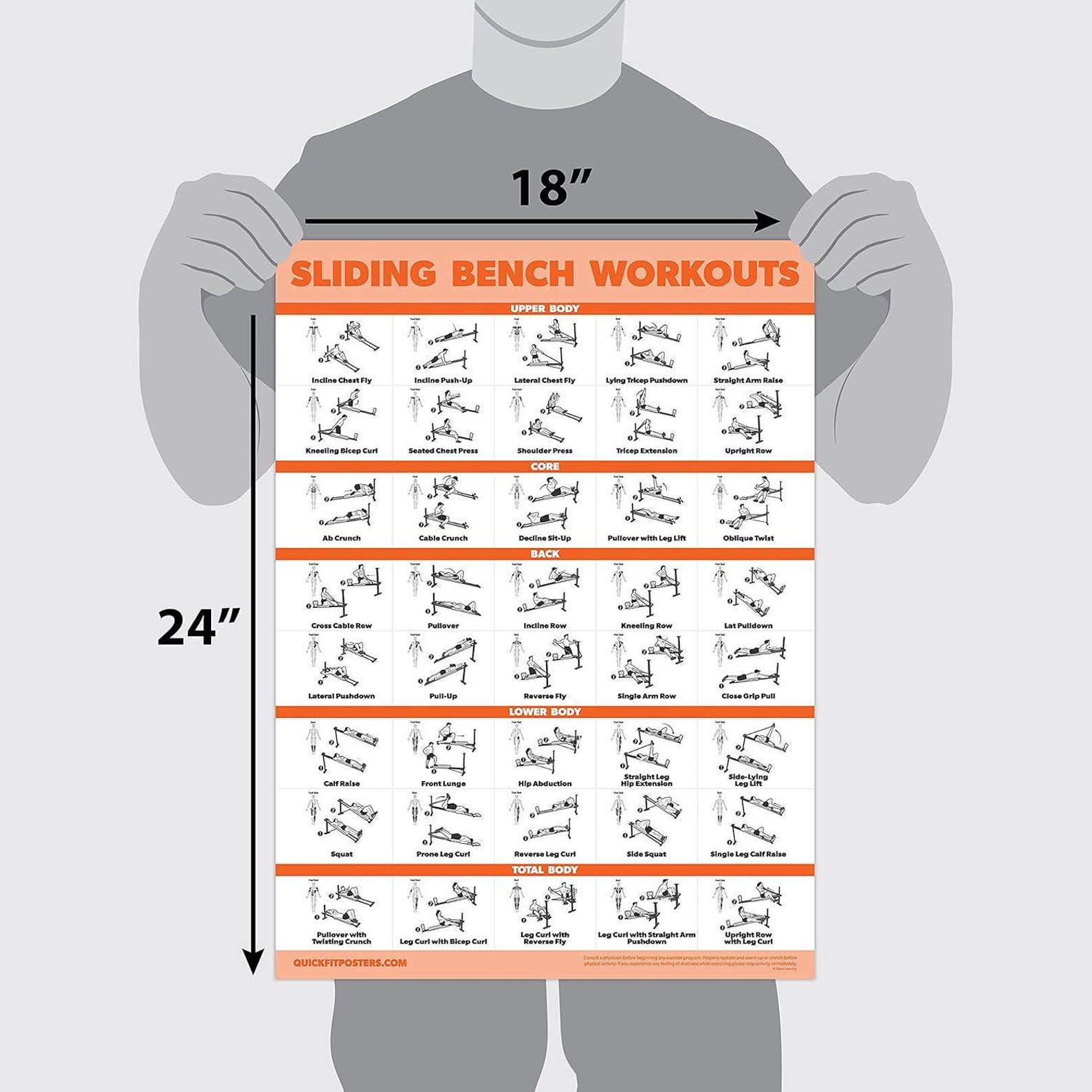 Sliding Bench Workout Poster - Incline Bench Exercise Chart for Total ...