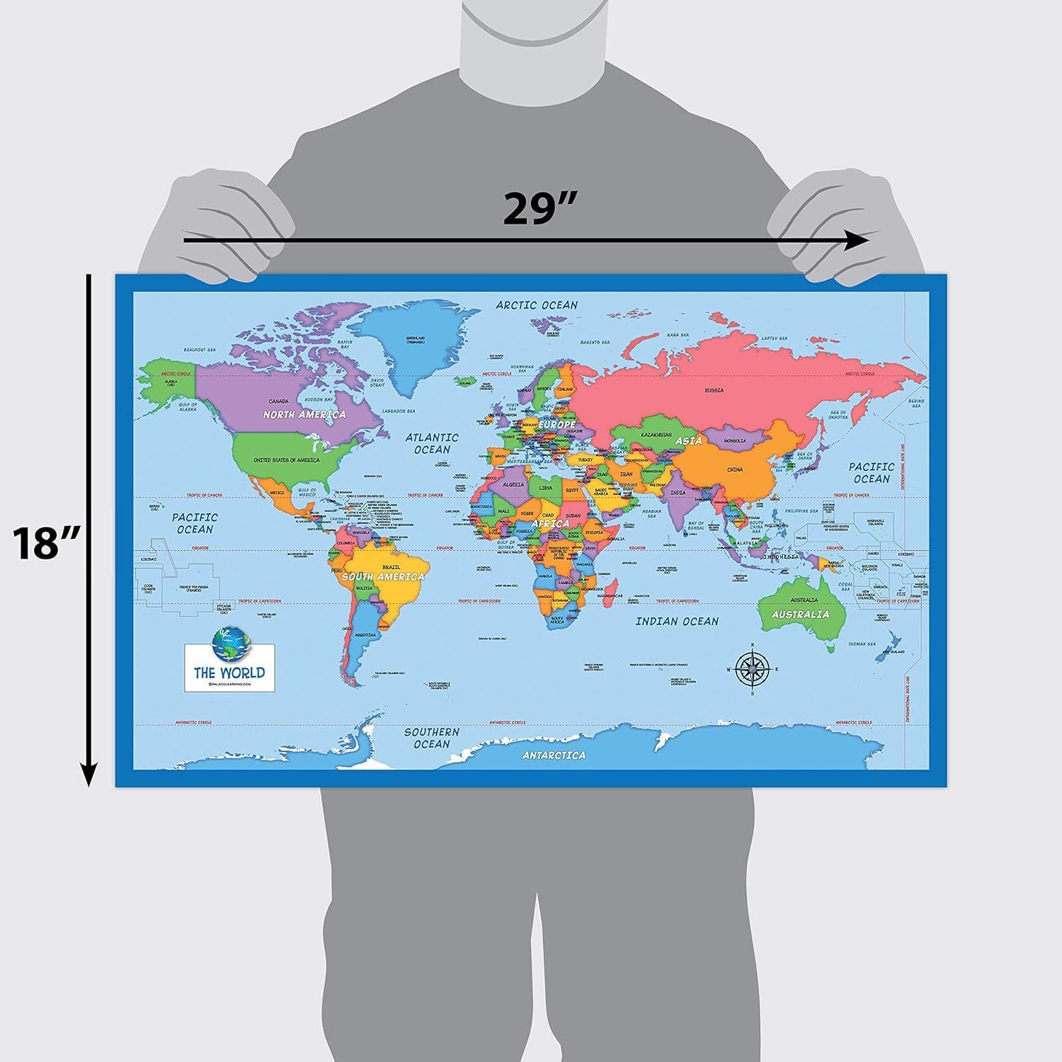 2 Pack - World Map for Kids + Blue Ocean World Map (LAMINATED, 18" X 29 ...