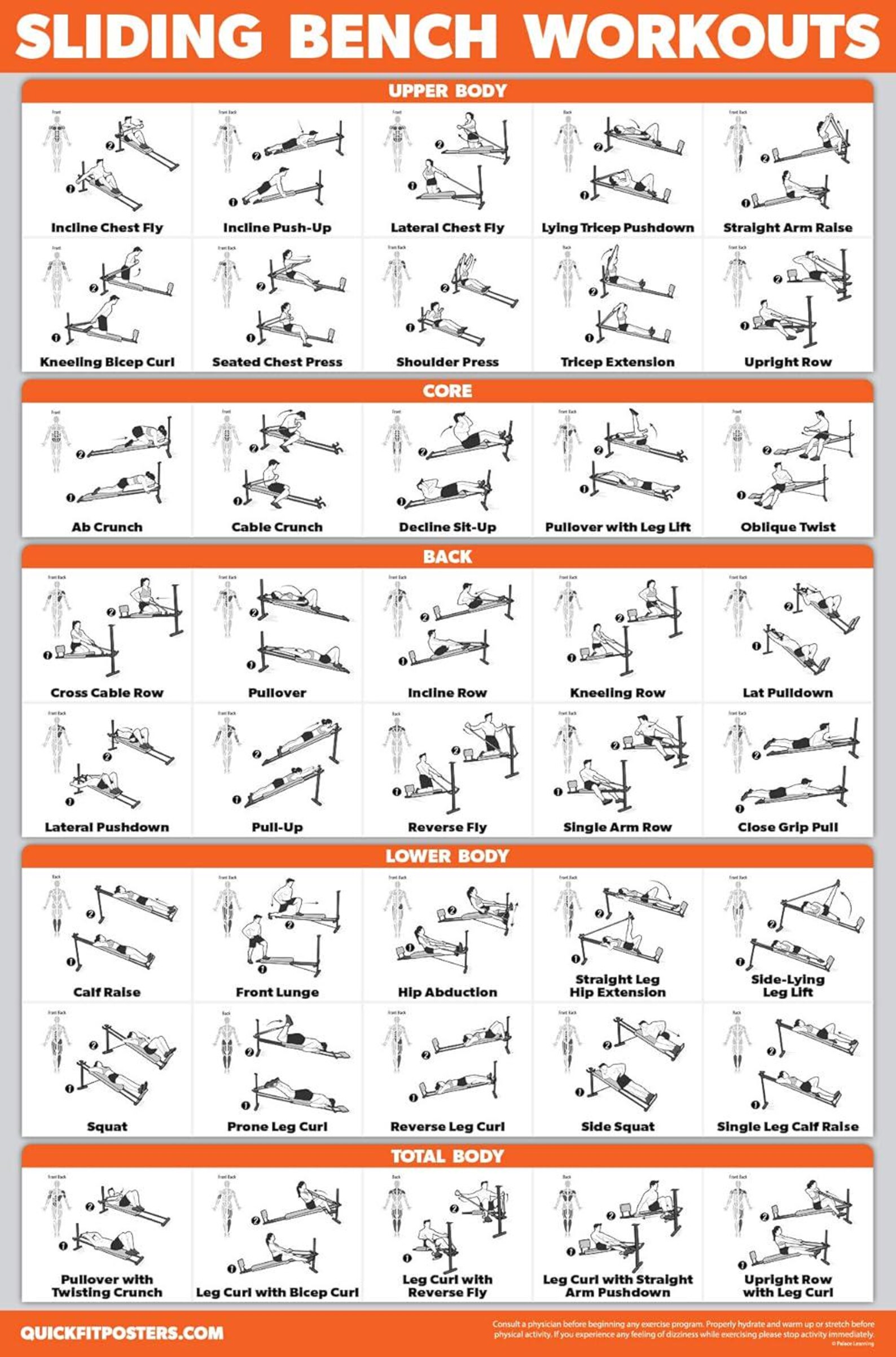 Quickfit 2-pack Stretching & Sliding Bench Workout Posters - Compatible ...