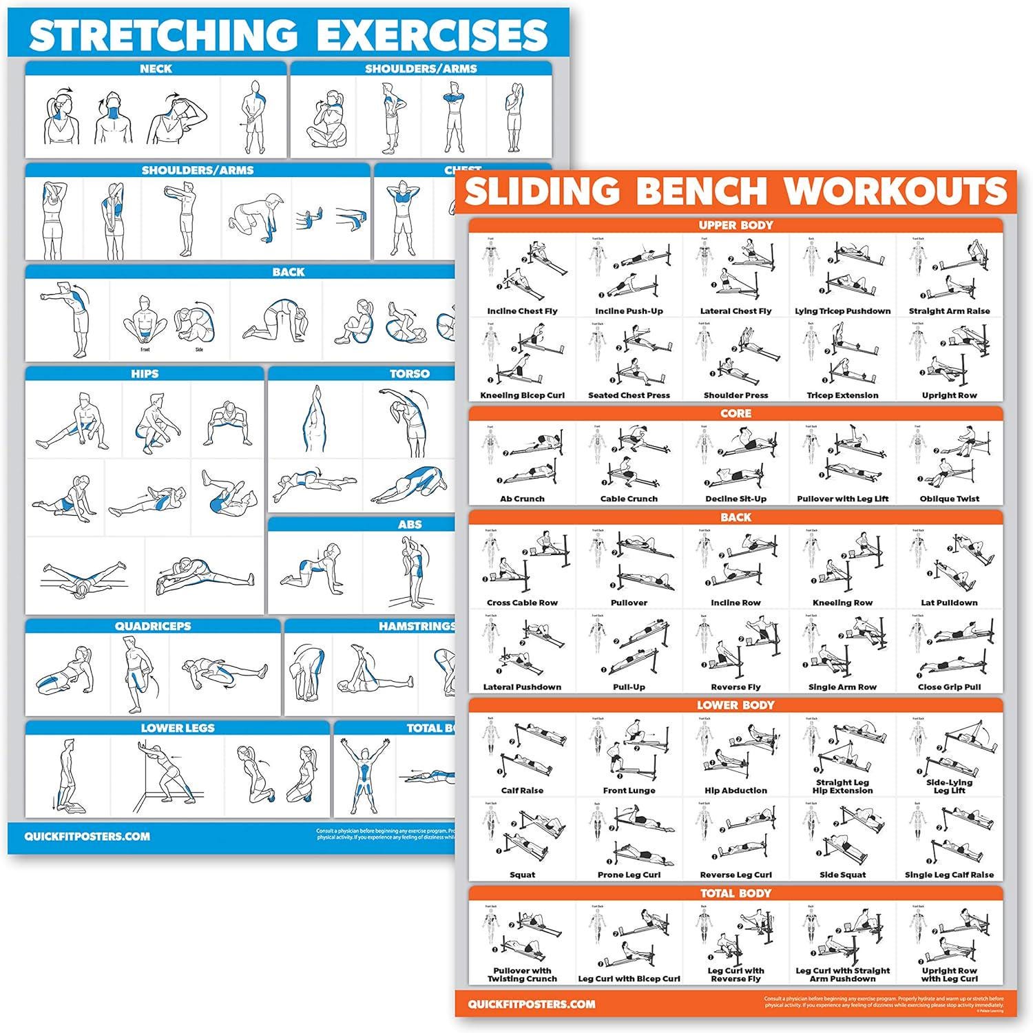 Quickfit 2-pack Stretching & Sliding Bench Workout Posters - Compatible ...