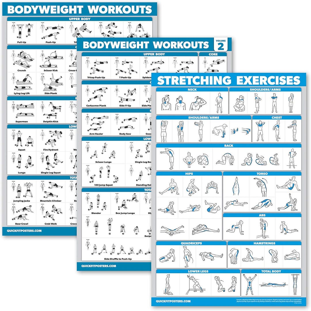 3 Pack: Bodyweight Workout Posters Volume 1 & 2 + Stretching Exercises ...
