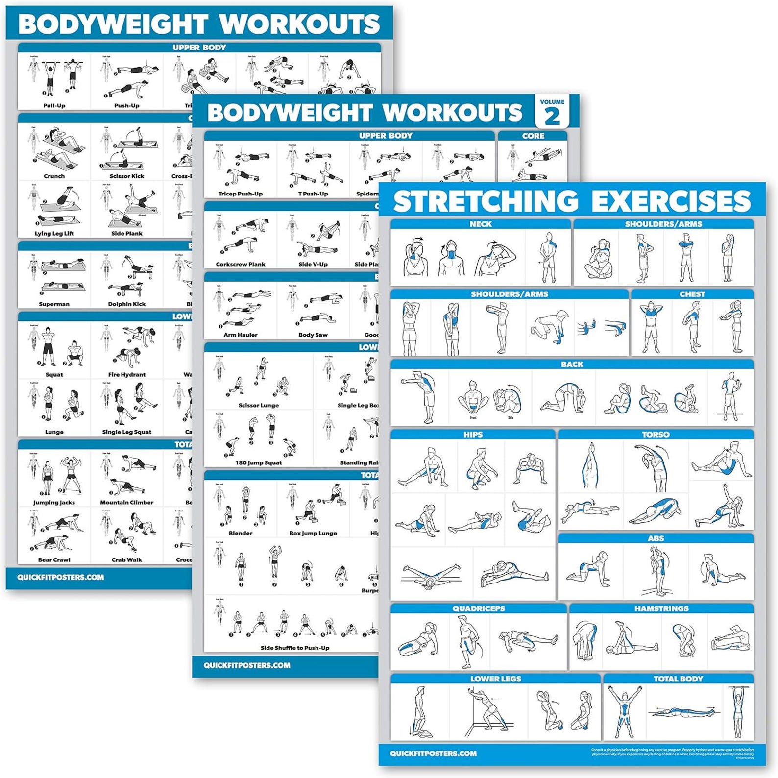 3 Pack: Bodyweight Workout Posters Volume 1 & 2 + Stretching Exercises ...