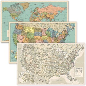 3 Pack - World & USA Map Chart [tan/color] + Antique Style USA Map ...