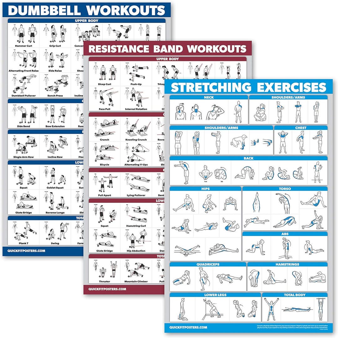 3 Pack: Dumbbell Exercise Poster + Resistance Bands Workouts ...