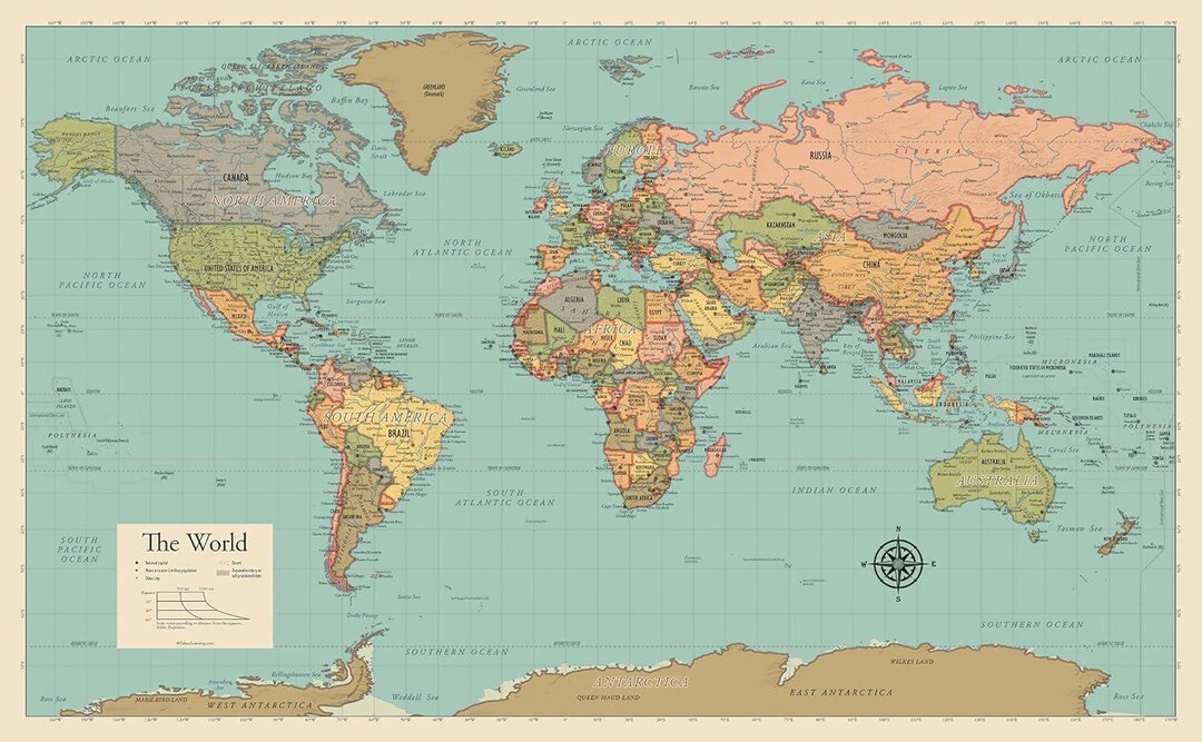 World Map Poster Chart [tan/color] (LAMINATED, 18" X 29") - Etsy