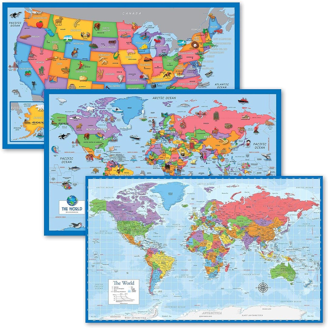 3 Pack - Illustrated World Map & USA Map for Kids + World Map Poster ...