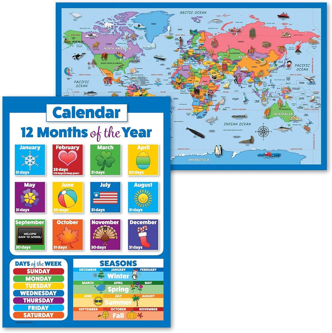 2 Pack - World Map Poster for Kids [illustrated] + Days of the Week ...