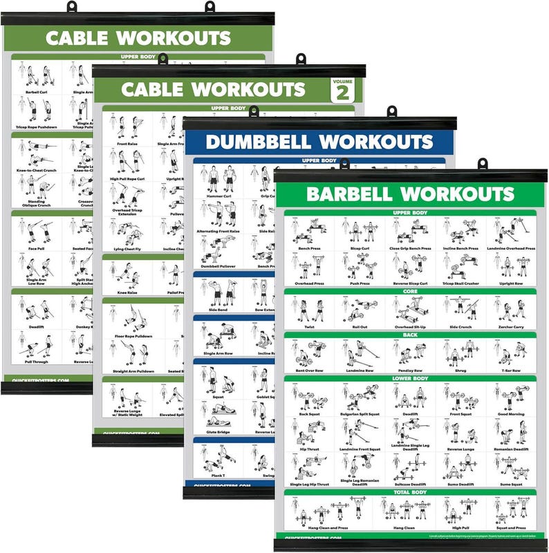 4-pack Laminated Workout Posters: Cable Machine Volumes 1 & 2, Dumbbell ...