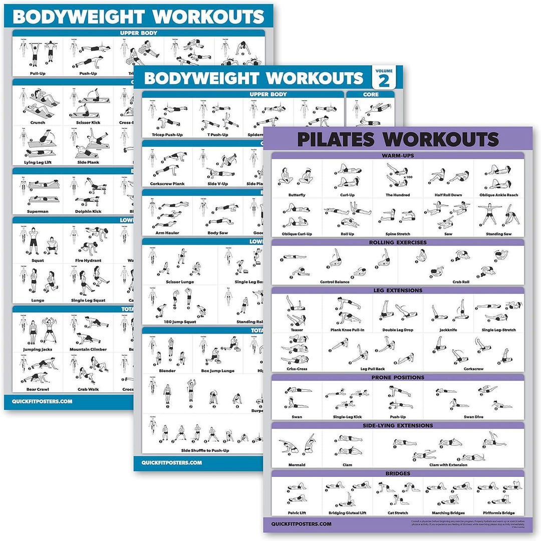 3 Pack: Bodyweight Workout Posters Volume 1 & 2 + Pilates Exercise ...