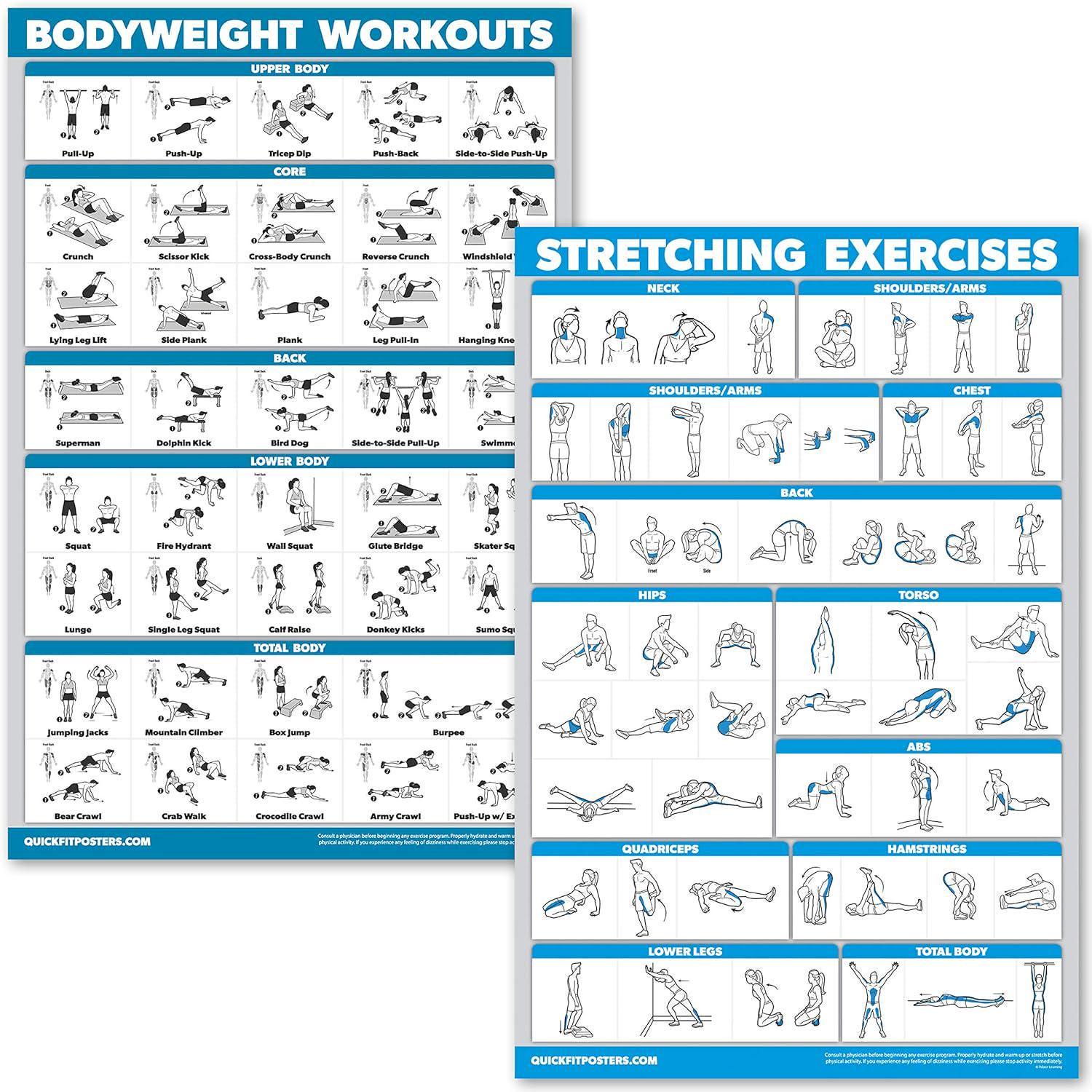 Laminated Bodyweight & Stretching Exercise Poster Set—2 Charts (18" X ...