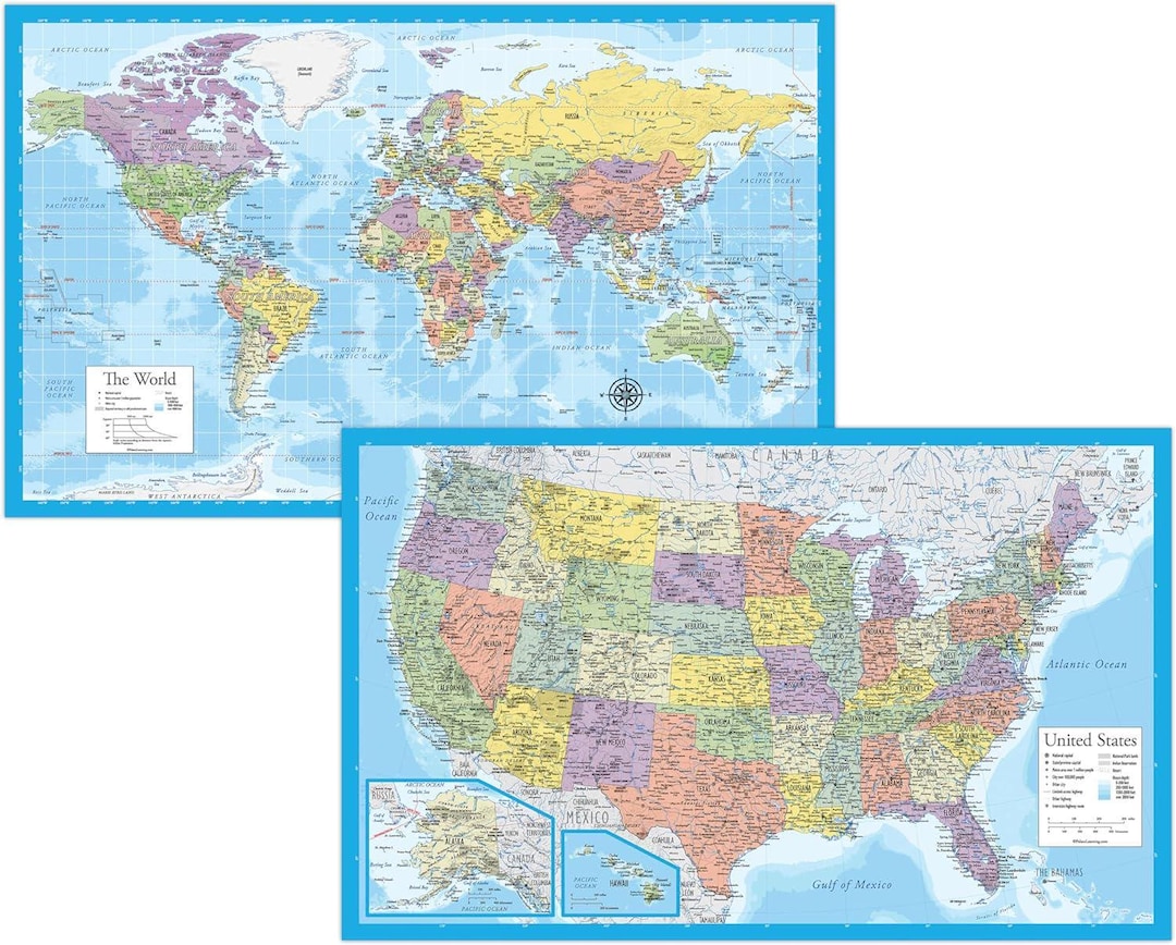2 Pack - Laminated World Map and US Map Poster Set - Wall Chart Map of ...