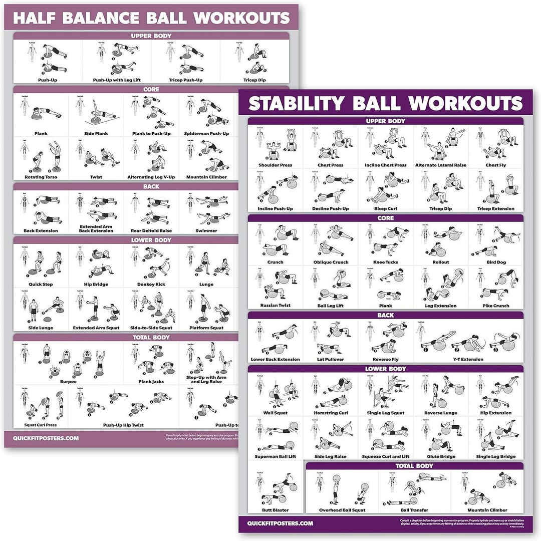 2 Pack: Half Balance Ball Workout Poster Yoga Ball Exercise Chart Set ...