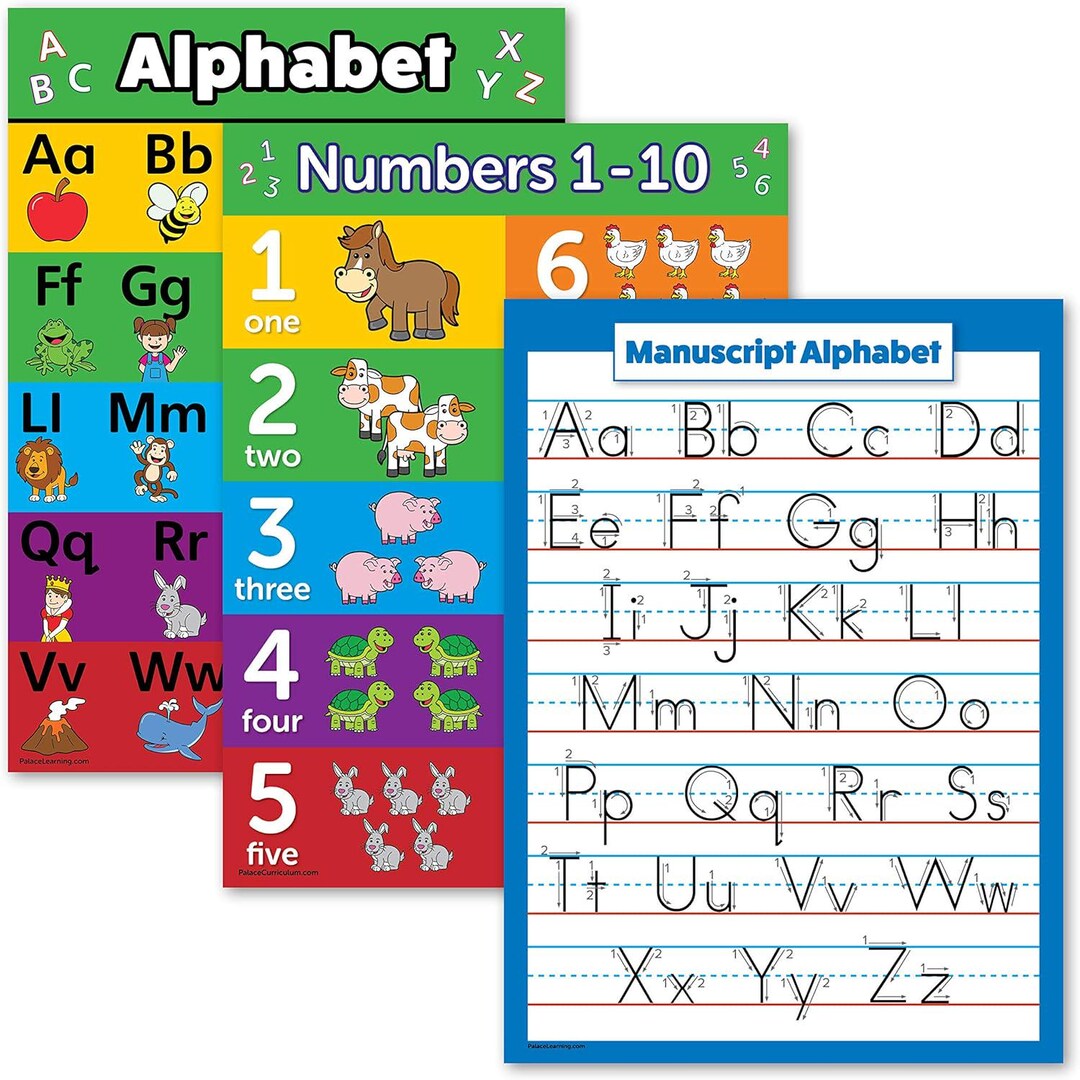 3 Pack - ABC Alphabet + Numbers 1-10 + Manuscript Handwriting Poster ...