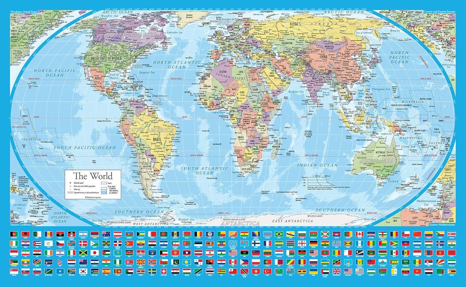Equal Earth World Map Poster (18" X 29", Laminated) - Light Blue Design ...