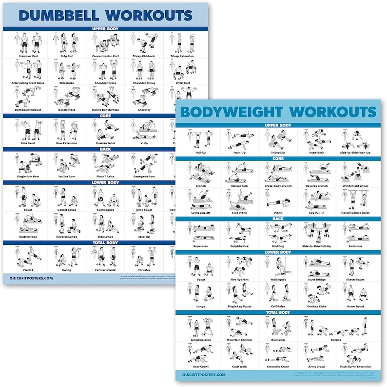 2 Pack Dumbbell and Bodyweight Workout Poster Set - Laminated 18"x24 ...