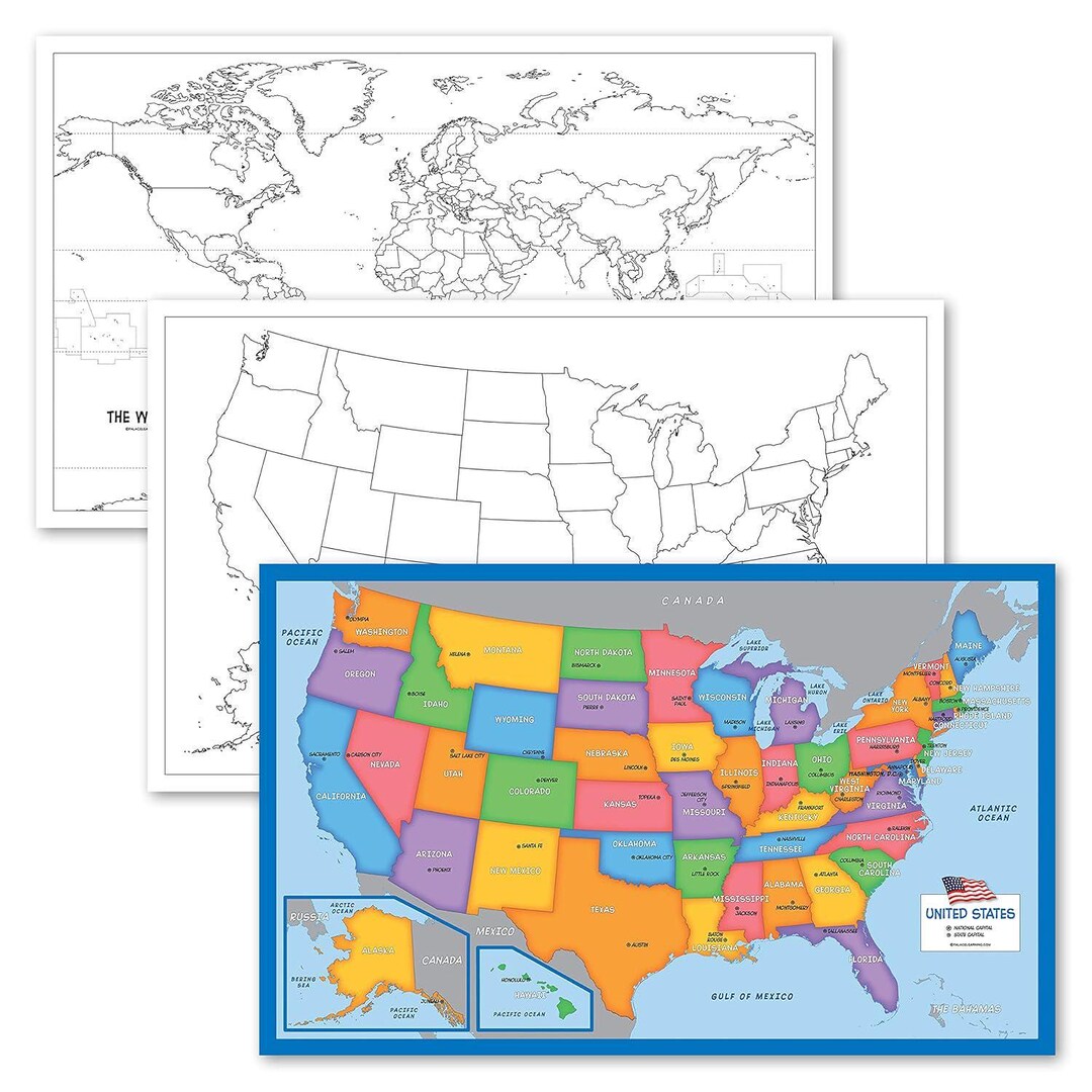 3 Pack - USA & World Map Blank Outline Posters + Simplified USA Map for ...