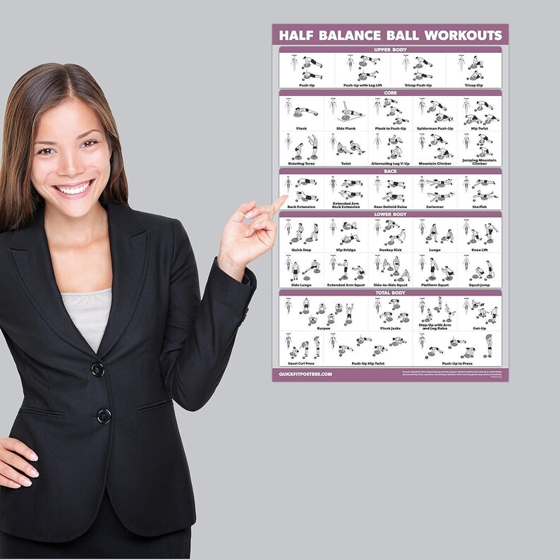 2 Pack: Half Balance Ball Workout Poster + Yoga Ball Exercise Chart ...