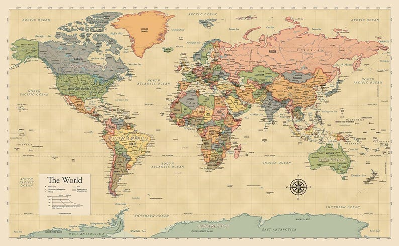 Laminated World Map Poster - Map of the World Chart [yellow] - Etsy