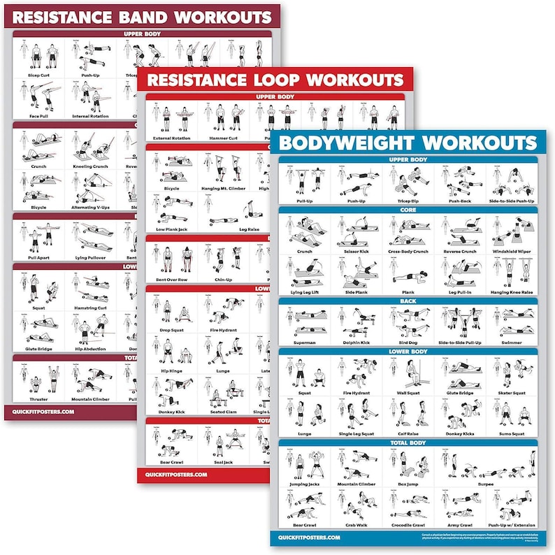 3 Pack: Resistance Bands Exercise Poster + Resistance Loops Workouts ...