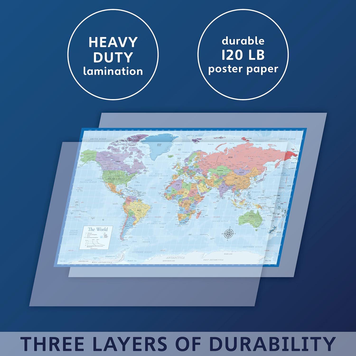 2 Pack - World Map for Kids + Blue Ocean World Map (LAMINATED, 18" X 29 ...