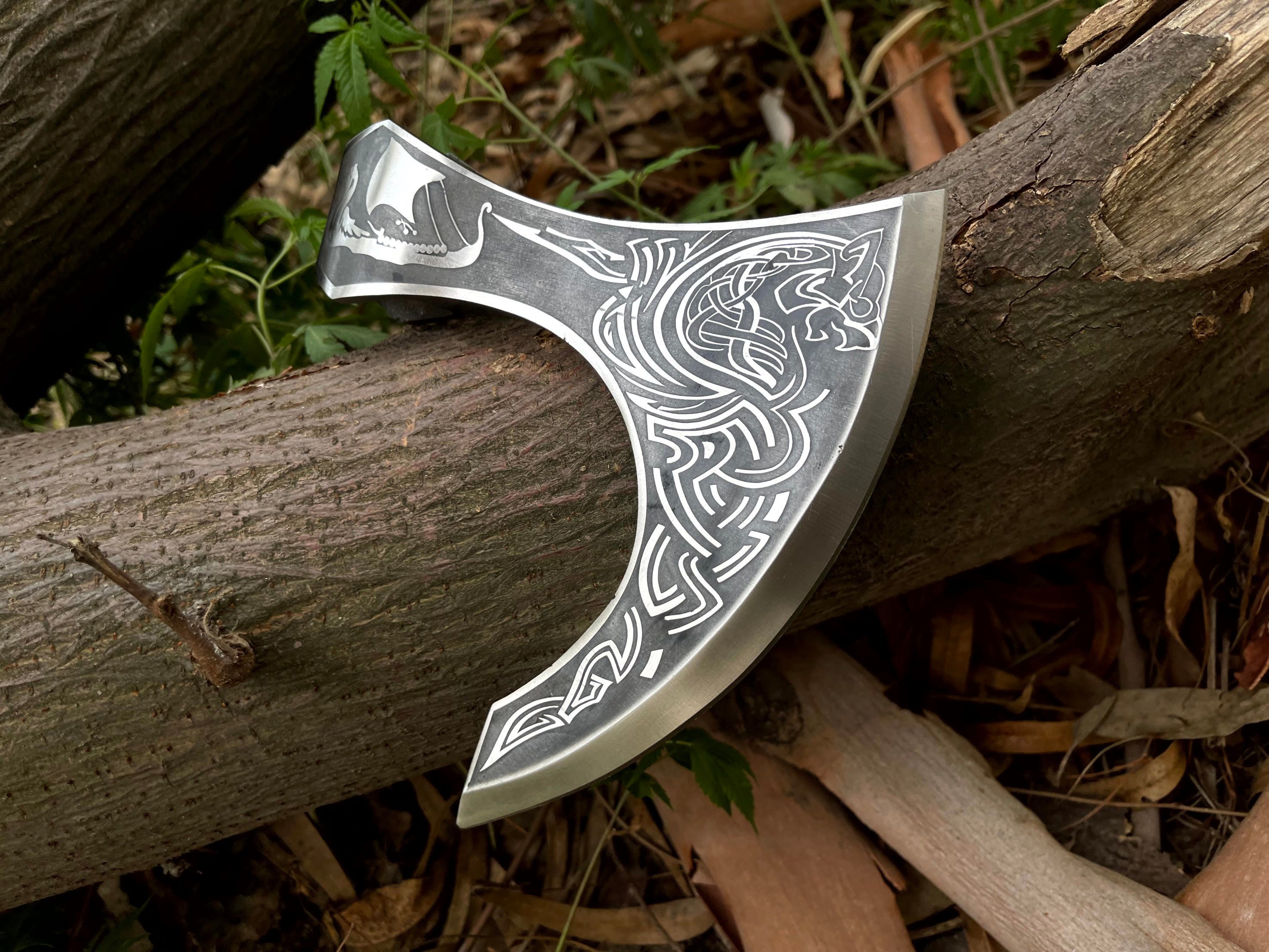 8 Engraved Tomahawk Axe Head, Biking Bearded Head, Hand Forged High ...