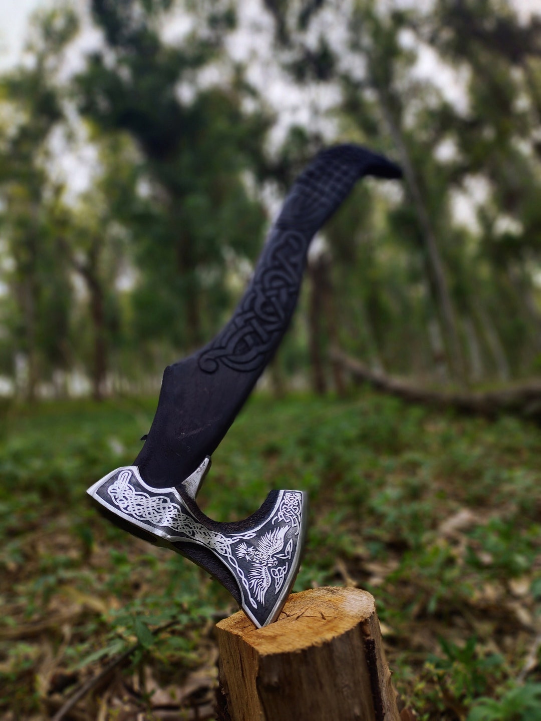 Viking Bearded RAVEN Carved Axe, Battle Axe Forged Tomahawk Axe ...